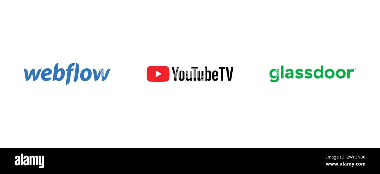Webflow , Youtube tv, Glassdoor. Collection of top brand logo Stock ...
