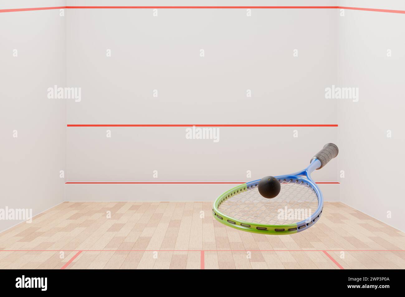 Squash racket and ball close-up against the backdrop of a sports room ...