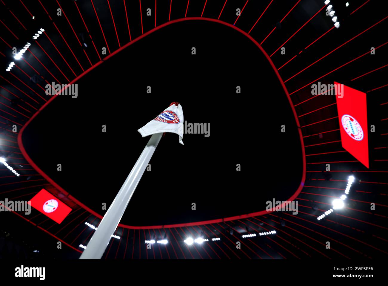 Munich, Germany. 5th Mar, 2024. A Bayern Munchen branded corner flag is ...