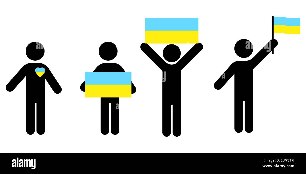 Icons of little men with flags of Ukraine. A symbol of peace. No war ...