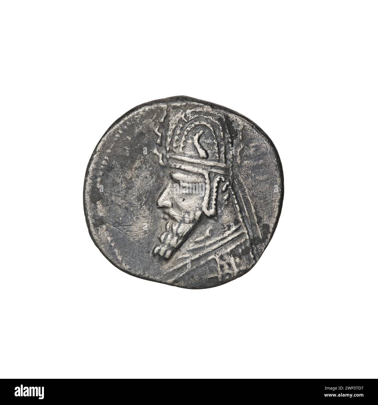 A silver drachma from Fraates III, dated 70-57 BC, displaying profile ...