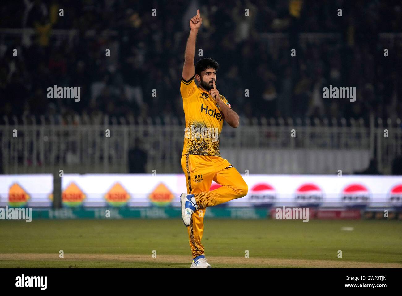 Peshawar Zalmi' Aamer Jamal celebrates after taking the wicket during ...