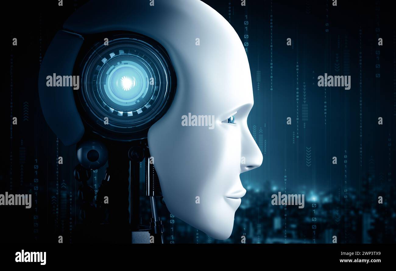 XAI 3d illustration Robot humanoid face close up with graphic concept ...