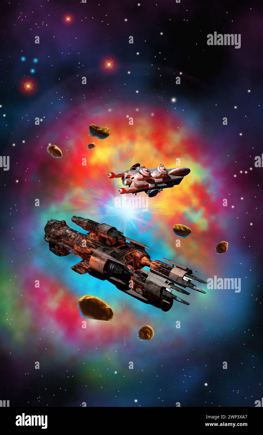 spaceship and astronaut floating near an alien planetary system, 3d ...