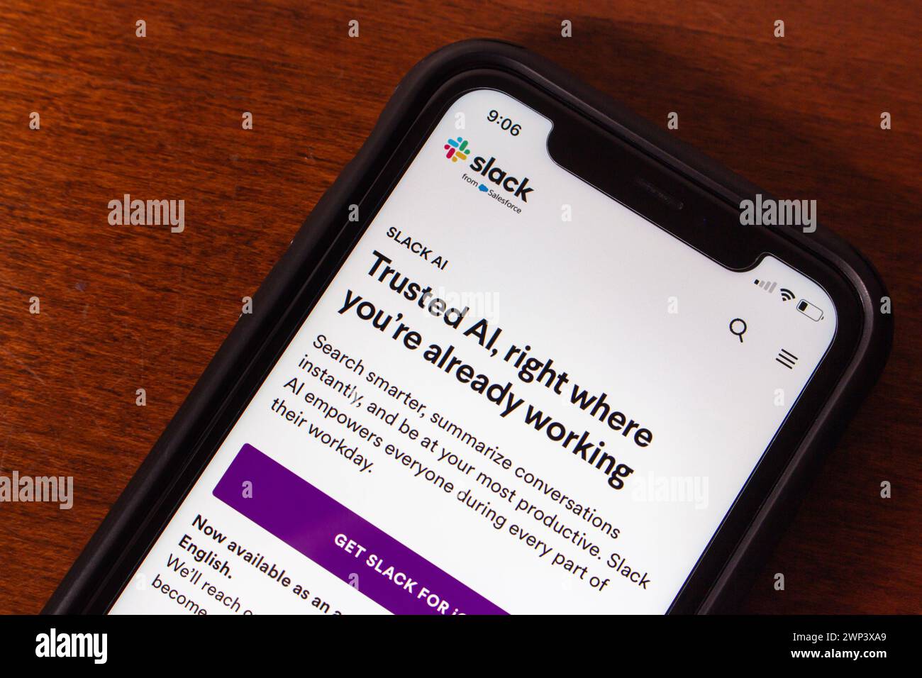 Slack AI website seen in iPhone. Slack AI is an intuitive AI feature ...