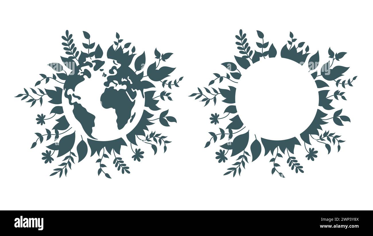 Planet Earth and a circular frame adorned with green leaves Stock ...