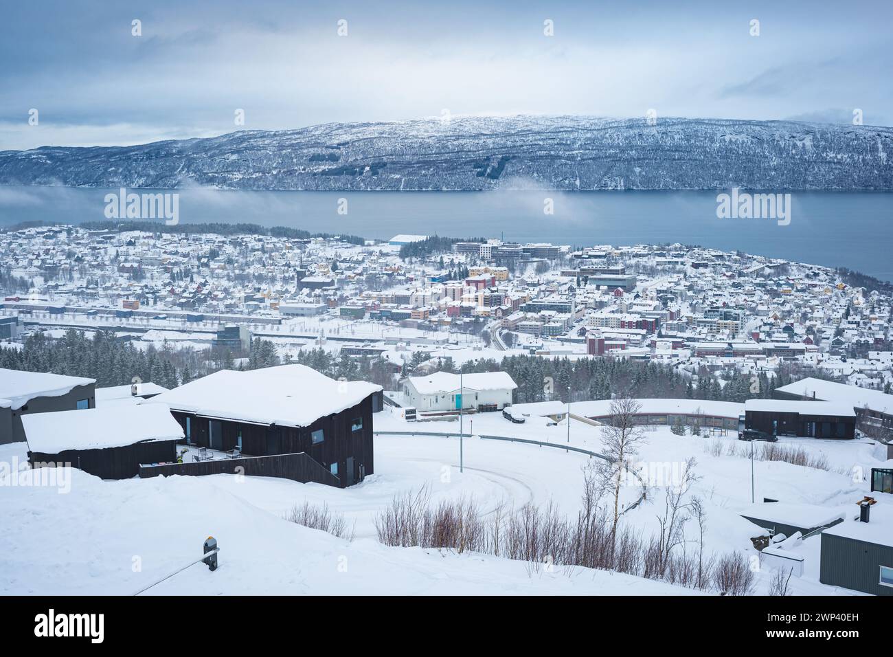 Aerial winter view of the central part of the city of Narvik along the ...