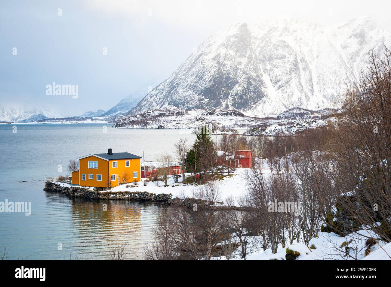 Picturesque view of a traditional yellow colored Norwegian house on the ...