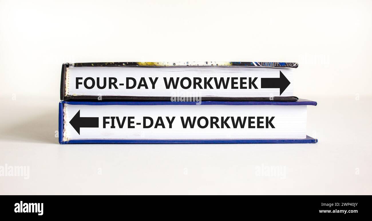 5 or 4 day week symbol. Concept word Five-day workweek or Four-day workweek on beautiful books ...