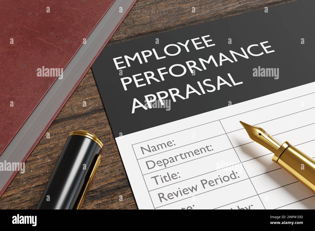 Employee performance appraisal form, a golden fountain pen and a hard ...