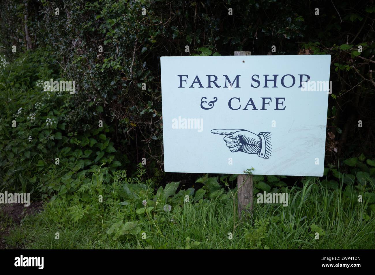 Homemade sign with hand pointing to Farm shop & Cafe Stock Photo - Alamy