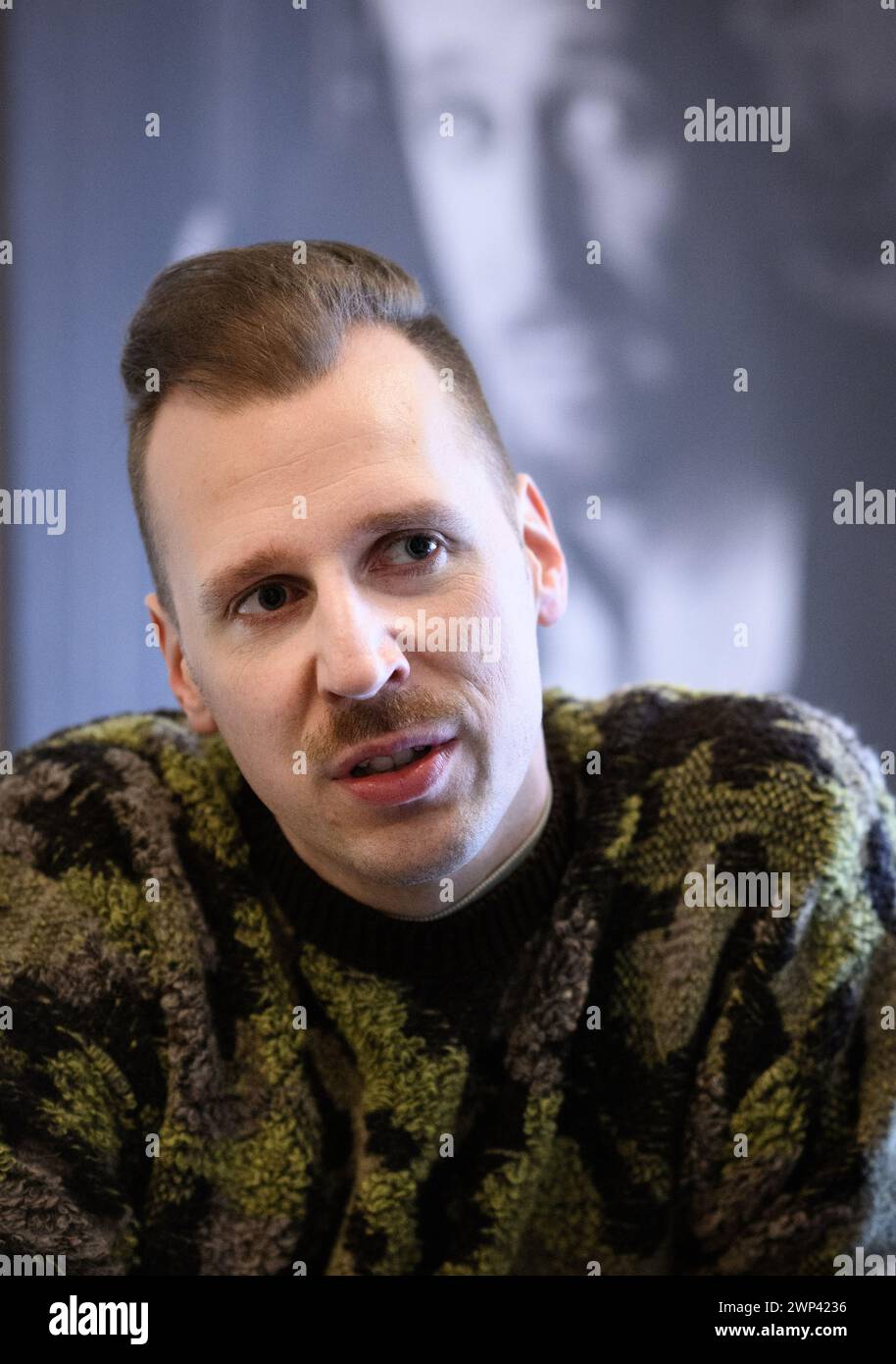 Berlin, Germany. 05th Mar, 2024. Lukas Strobel, better known as the rapper Alligatoah, sits in a ...