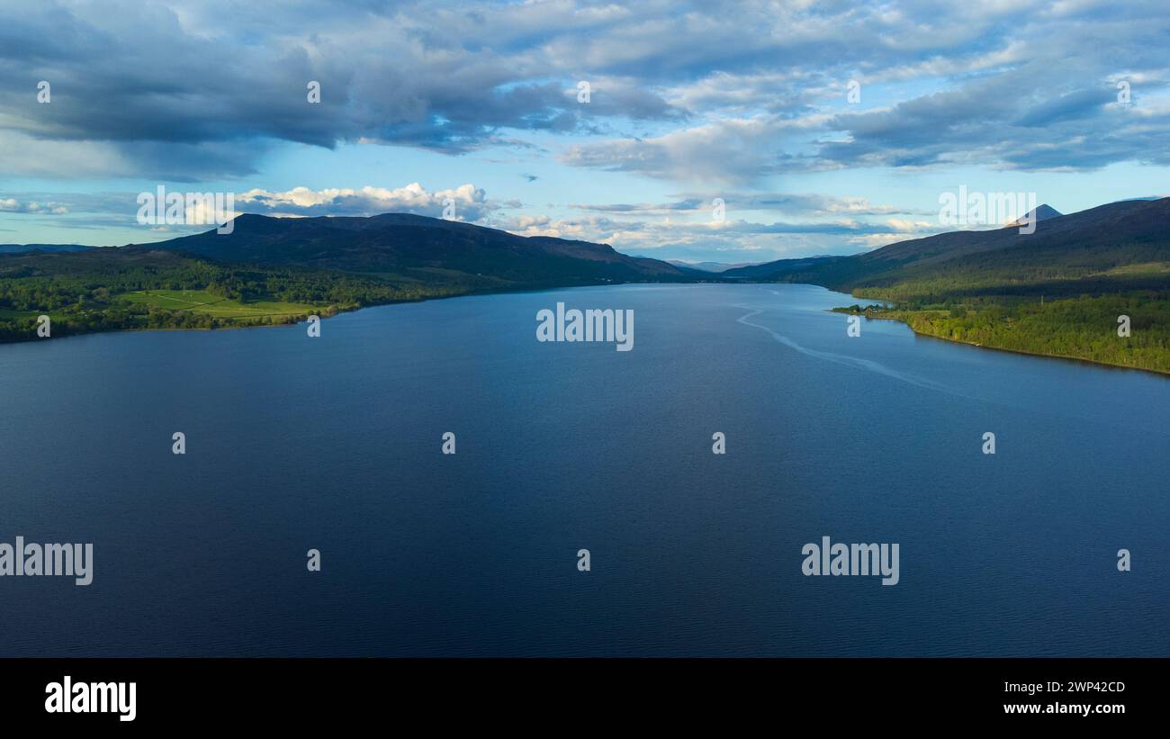 Aerial view of Loch Tummel looking west over the loch in the Scottish ...