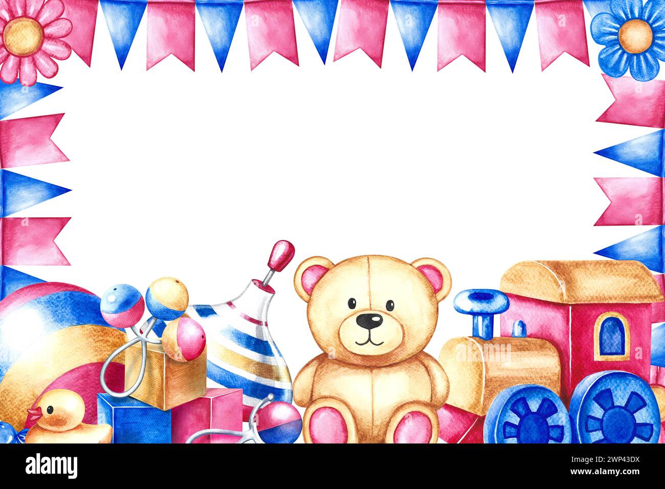 A frame with children's toys. Handmade watercolor illustration. For the ...