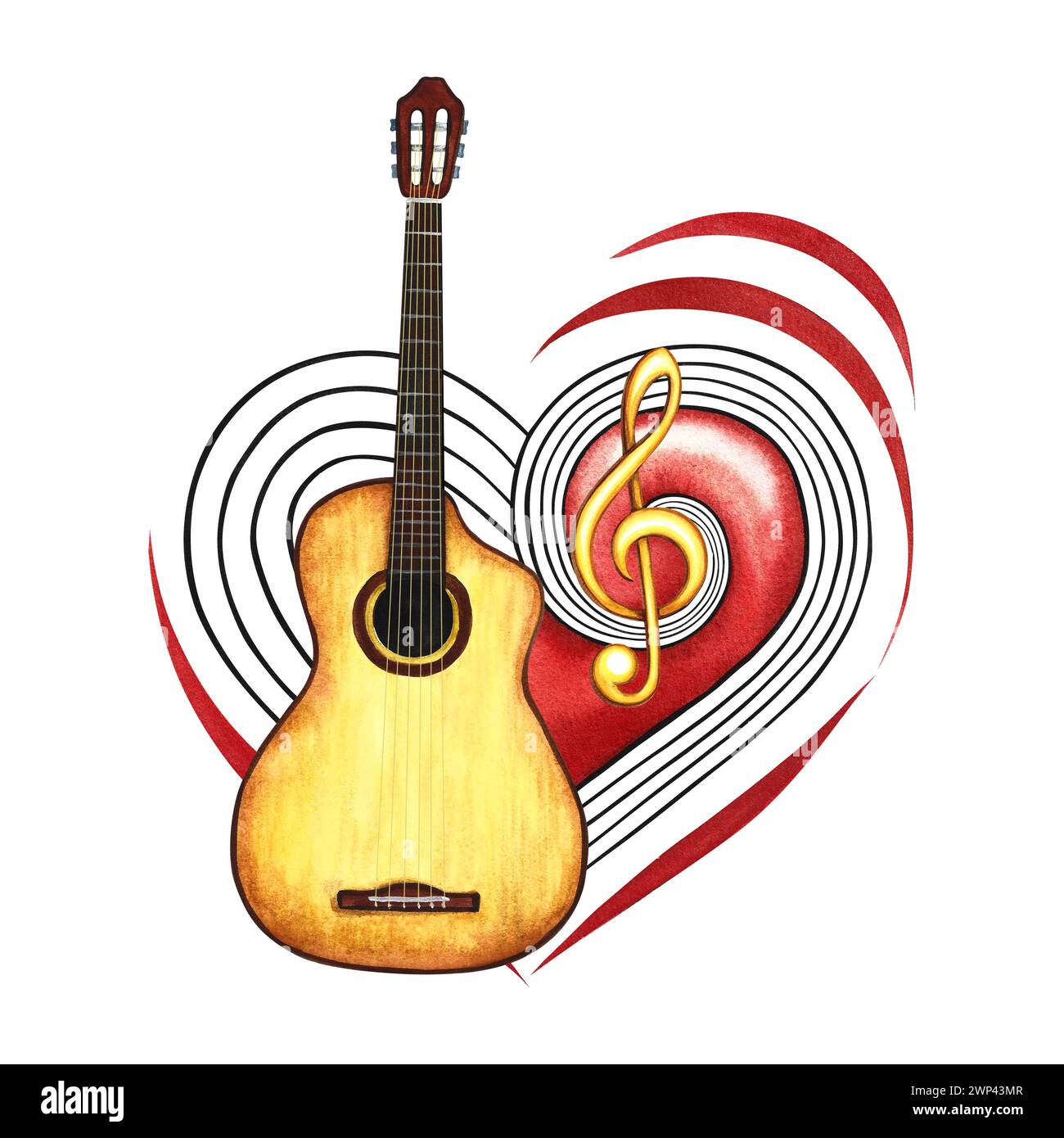 A six-string guitar on the background of a red musical heart with a ...