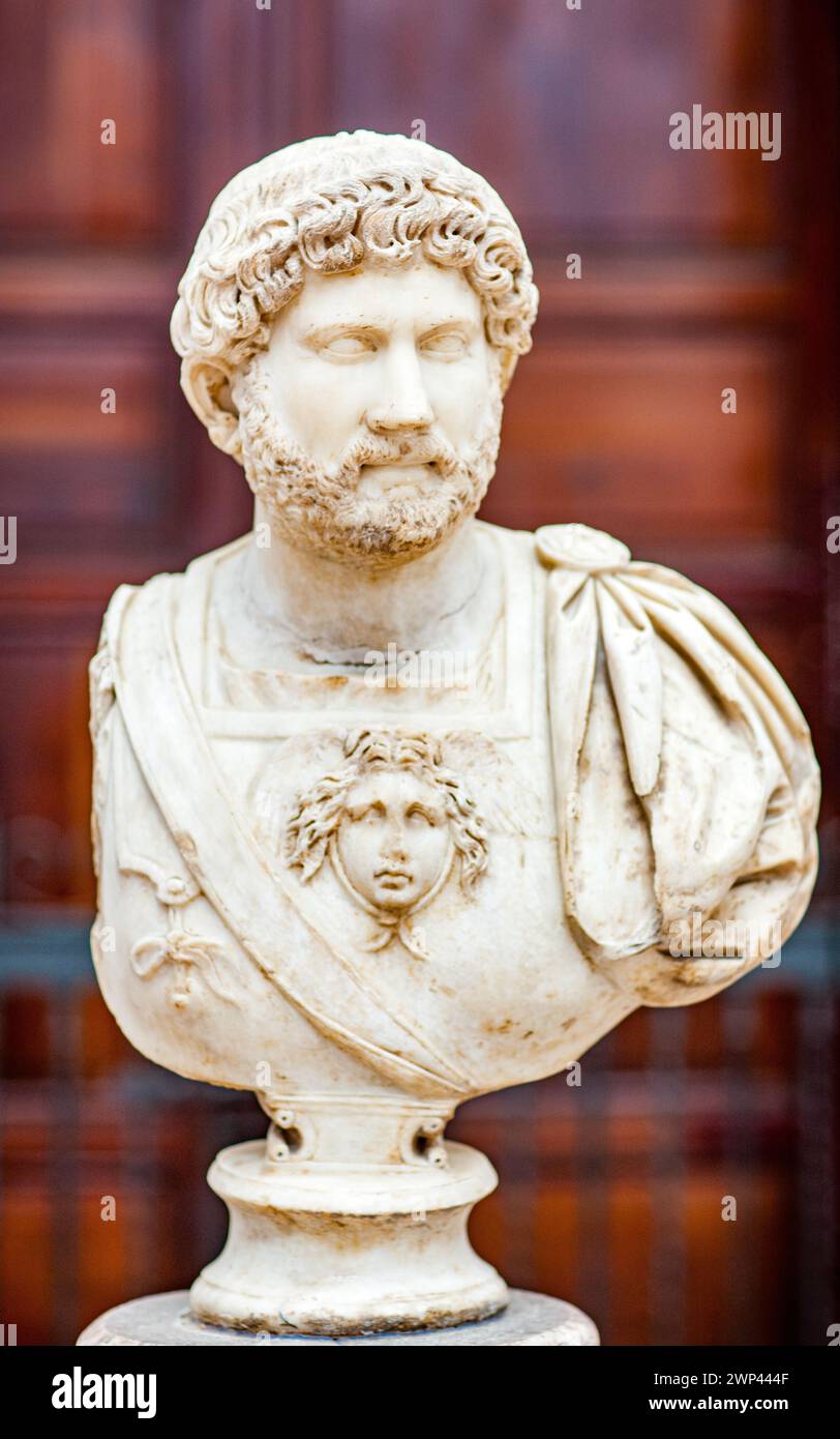 Pentelic marble bust of Roman Emperor Hadrian exhibited in Sevilles ...