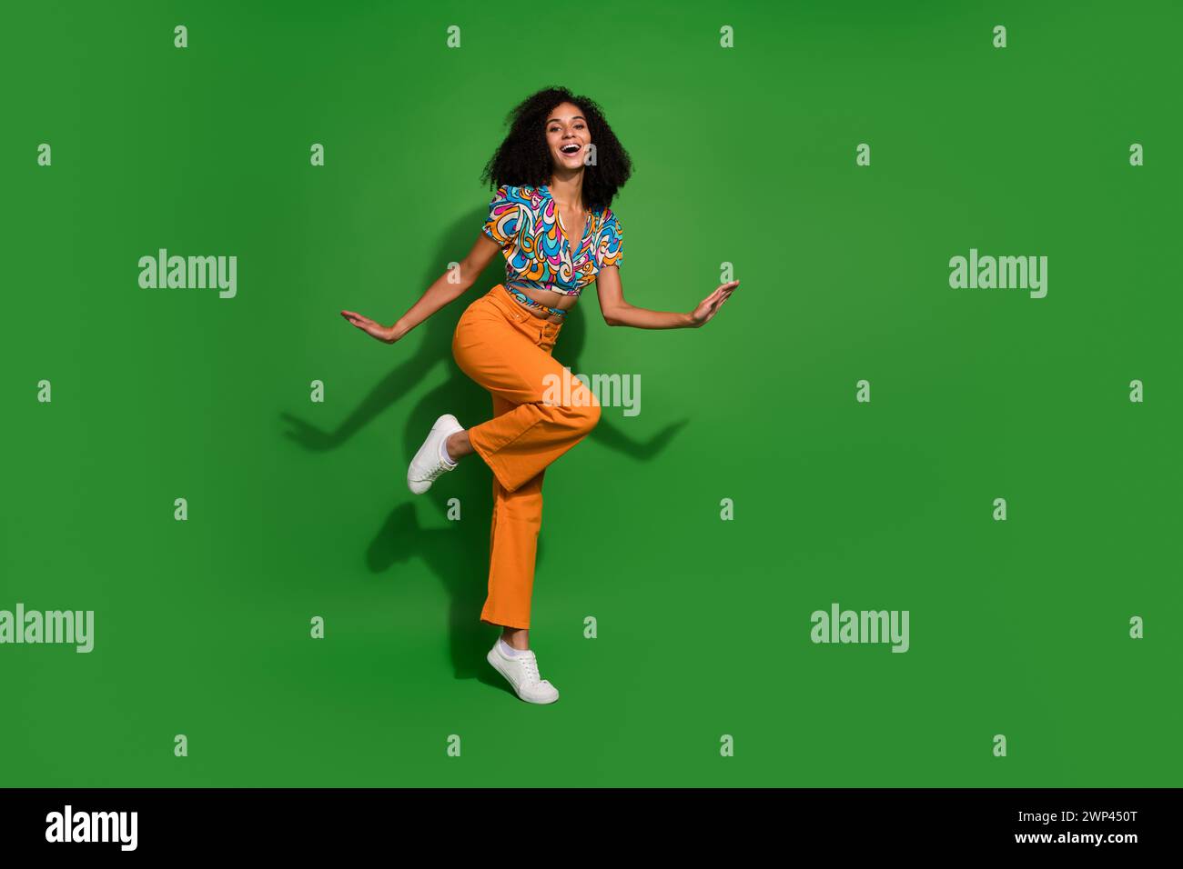 Full body length size photo of funny positive girl curly chevelure ...