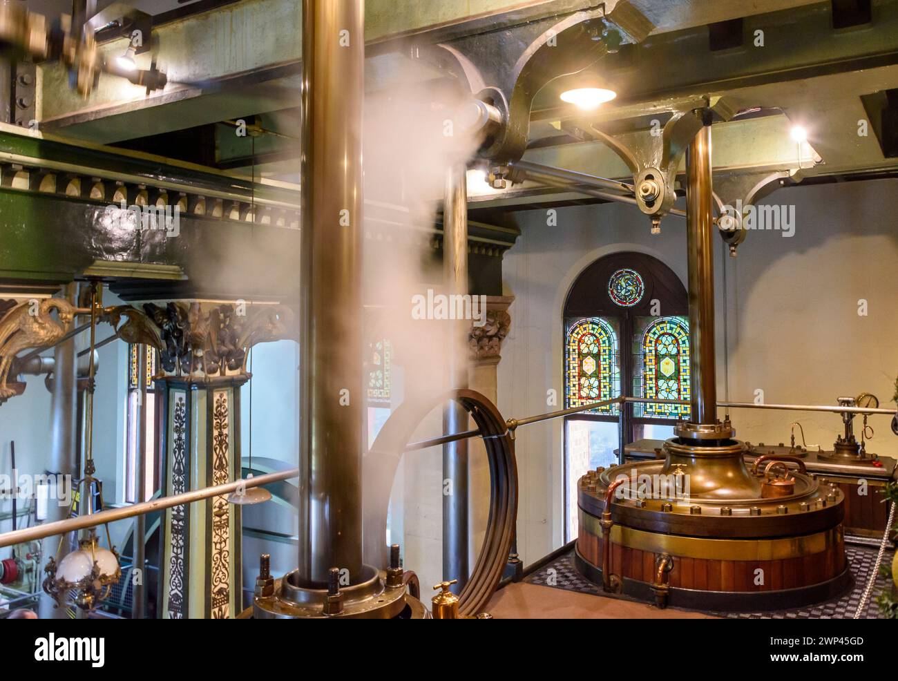 The tops of the steam pump cylinders at the Papplewick Pumping Station ...