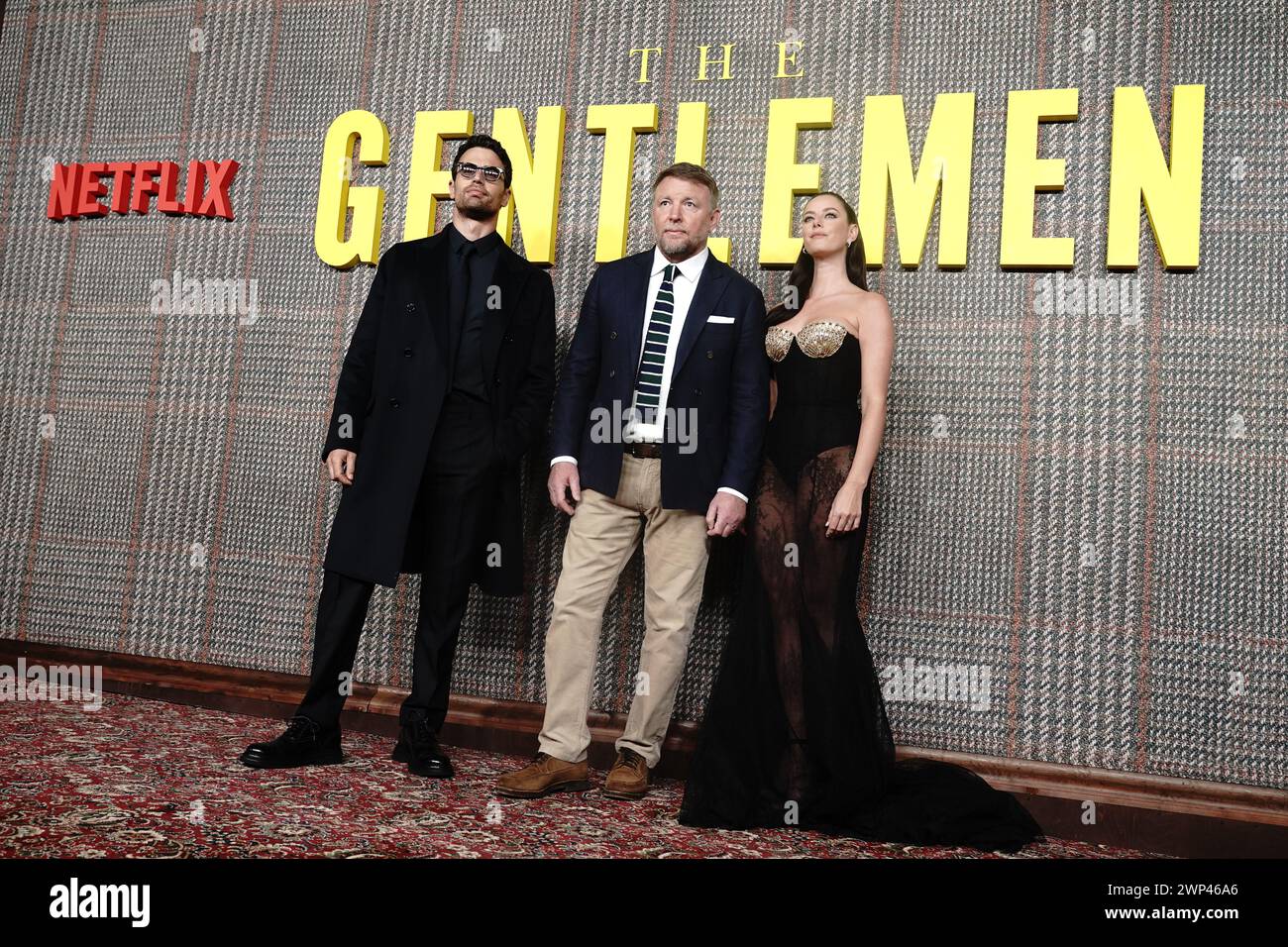 Theo James, Guy Ritchie, and Kaya Scodelario attend the premiere of the ...