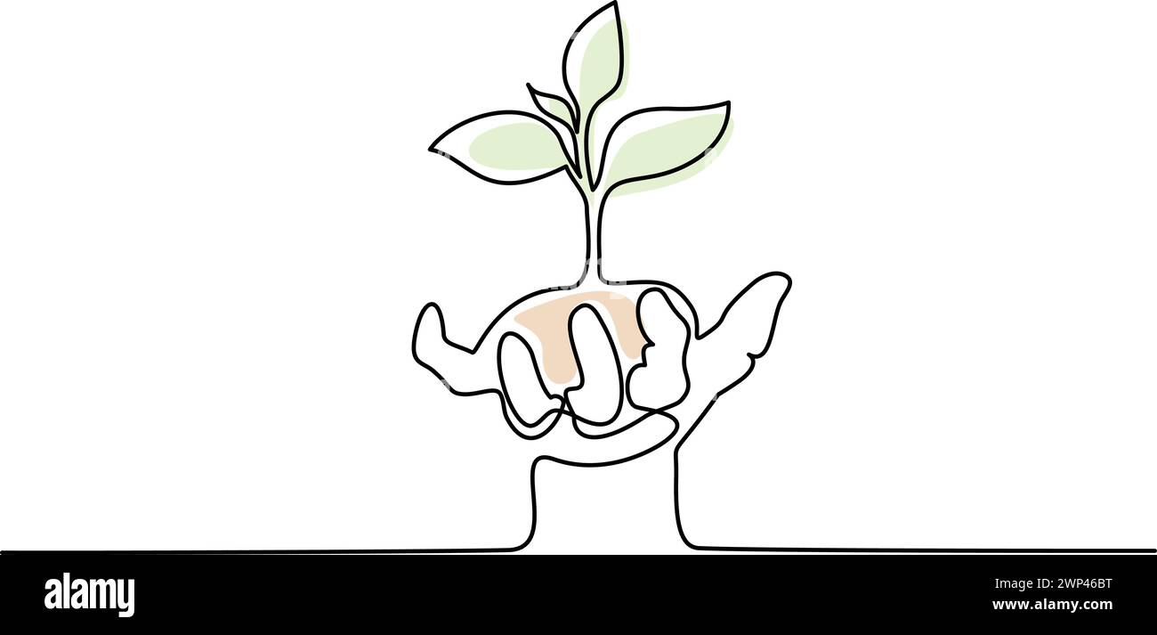 Hands keep sprout of plant. Continuous one line drawing Stock Vector ...