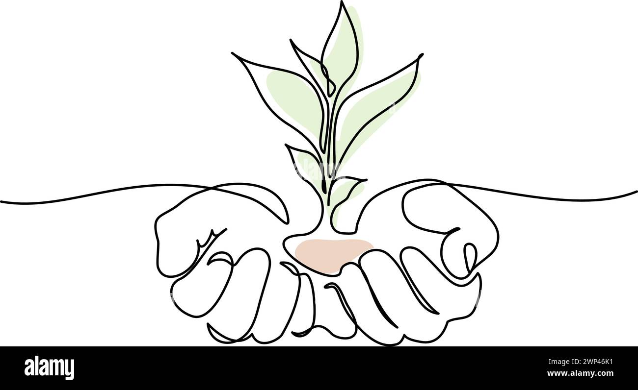 Hands keep sprout of plant. Continuous one line drawing Stock Vector ...