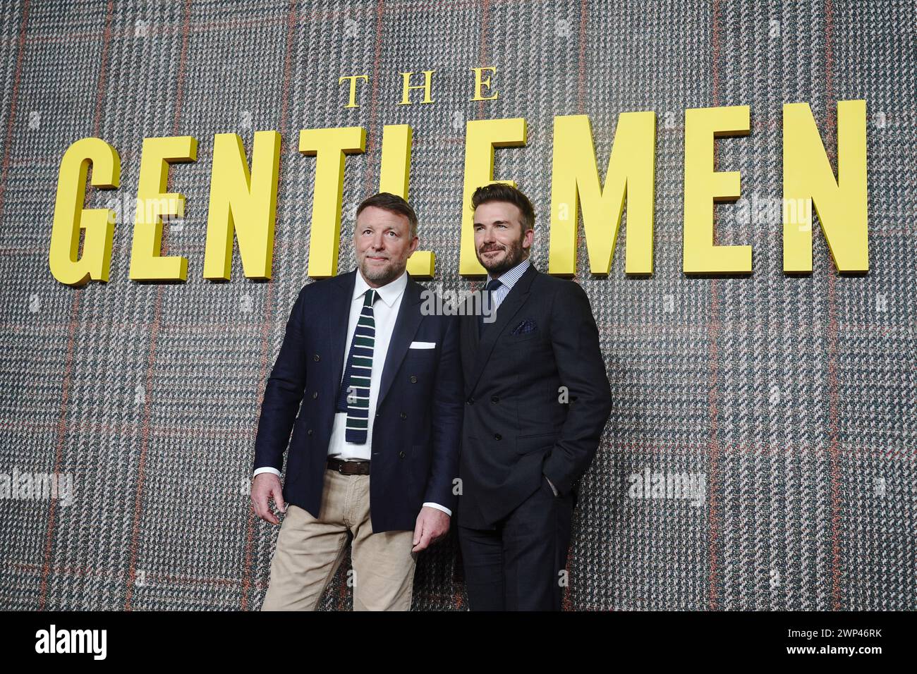 Guy Ritchie (left) and David Beckham attend the premiere of the Netflix ...