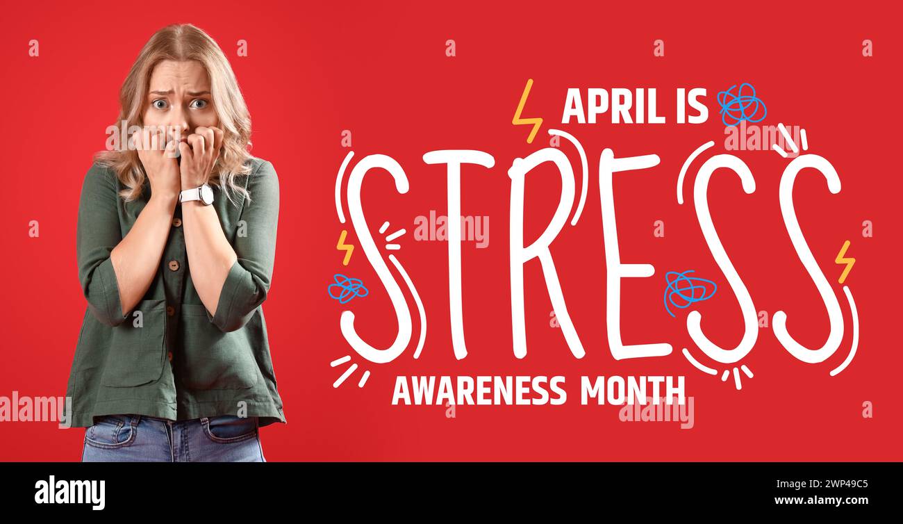 Banner for Stress Awareness Month with woman having panic attack Stock ...