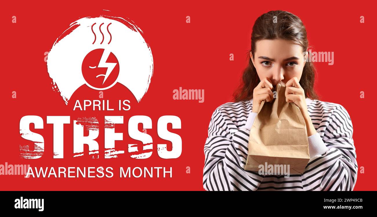 Banner for Stress Awareness Month with woman with paper bag having ...