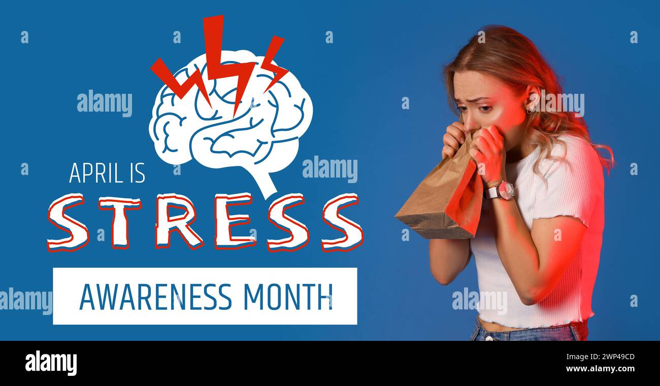 Banner for Stress Awareness Month with woman with paper bag having ...