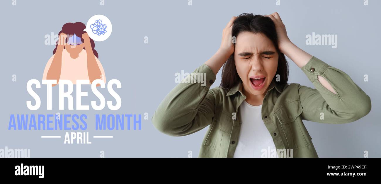 Banner for Stress Awareness Month with woman having panic attack Stock ...