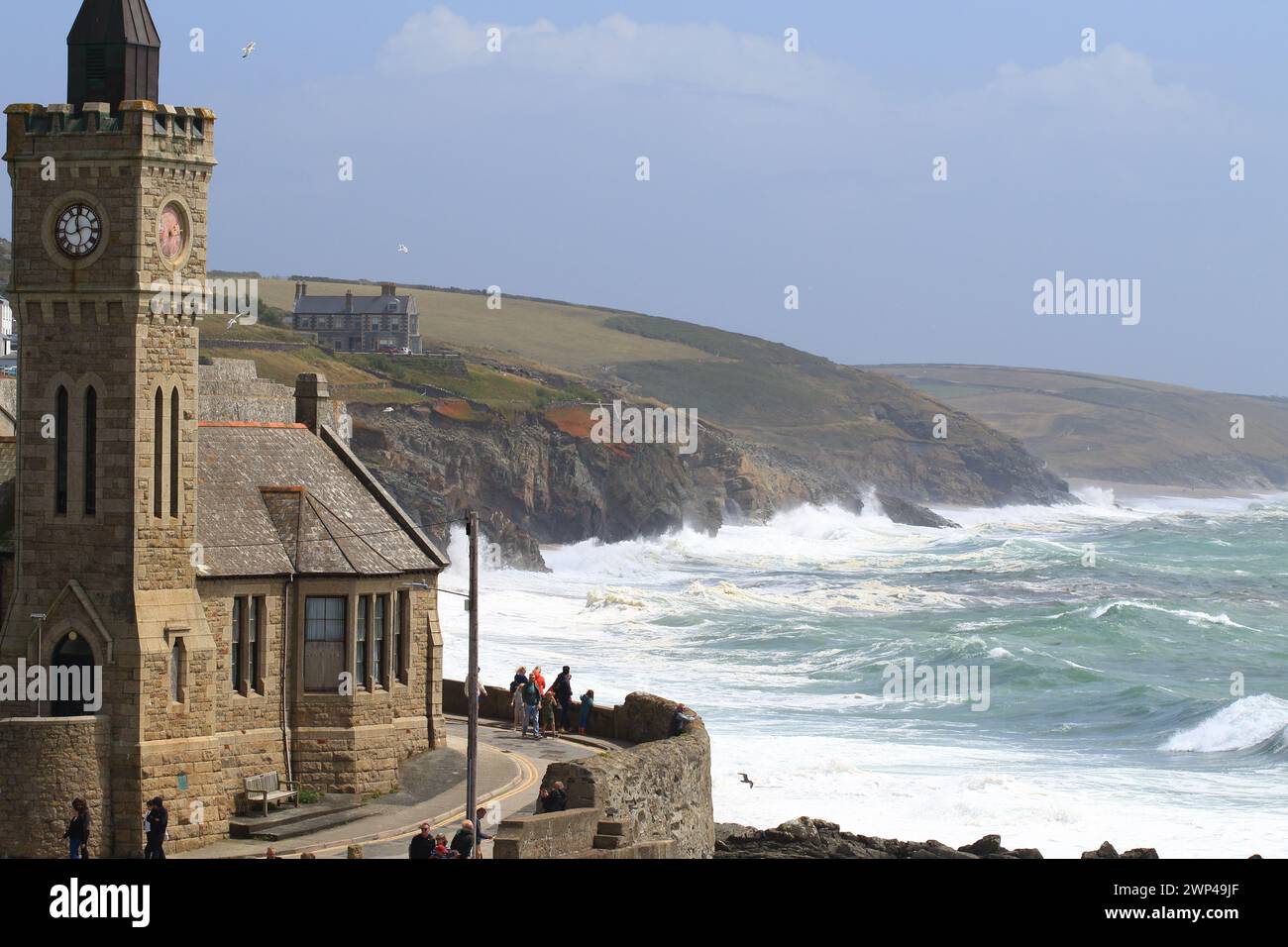 Porthleven Bickford-Smith Institute, Cornwall, on a stormy day July ...