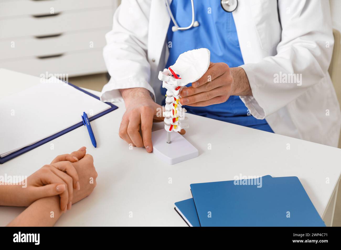 Male doctor explaining spinal anatomy with vertebral column model to ...