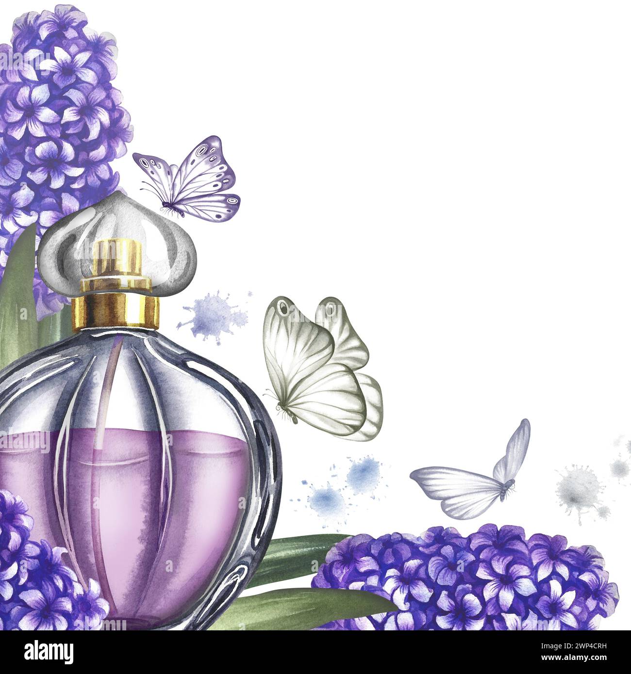 A frame with a perfume bottle made of transparent glass with hyacinth ...