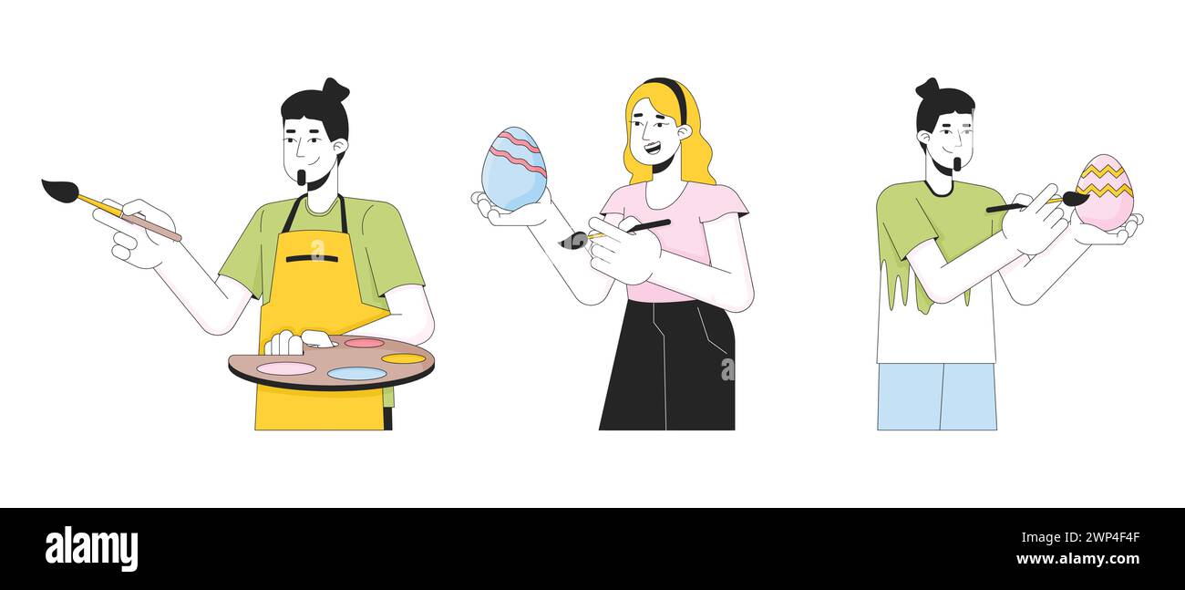 Easter-eggs painting adults 2D linear cartoon characters set Stock ...