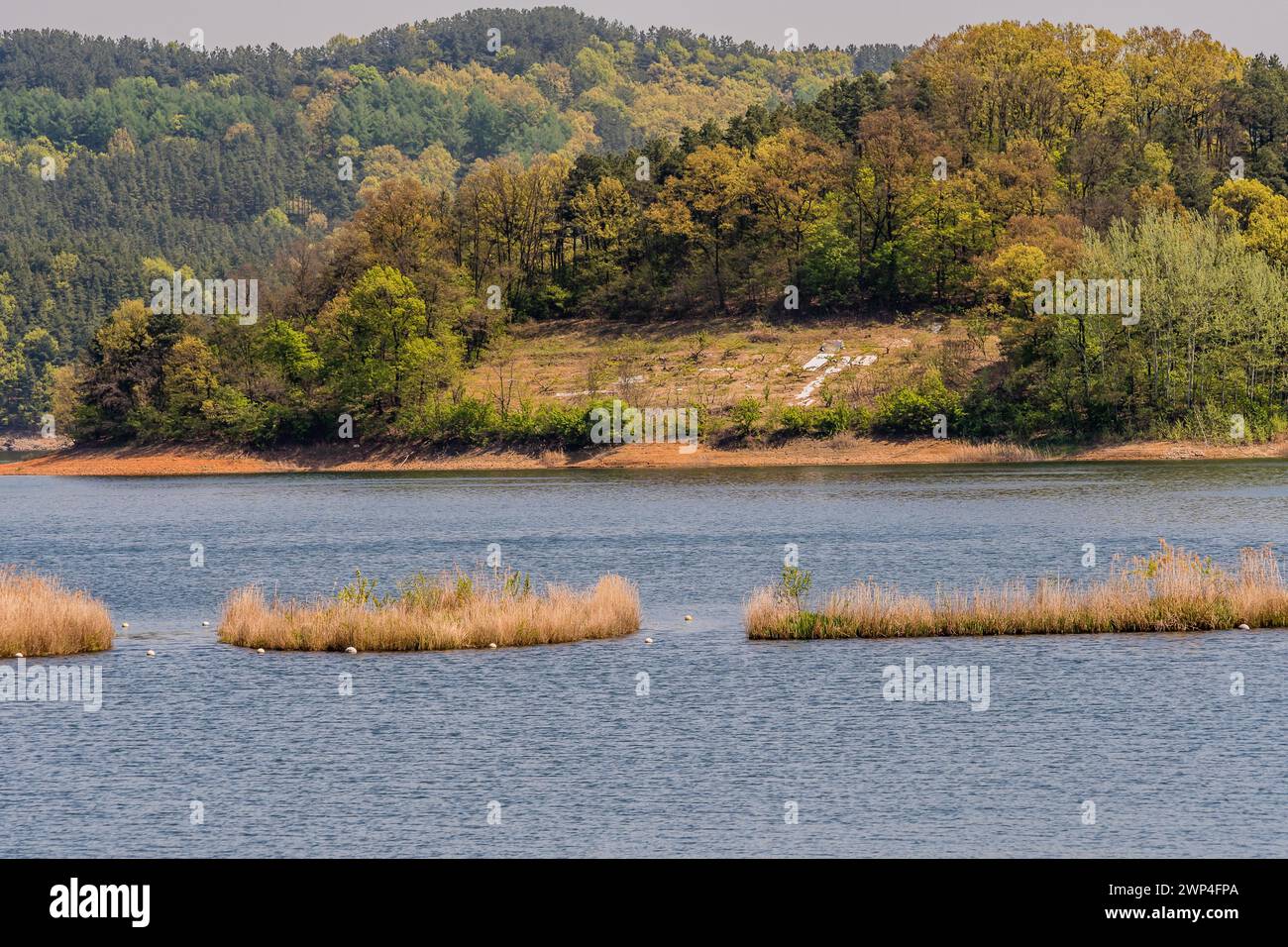 Landscape of lake with three small islands in the middle of lake and ...