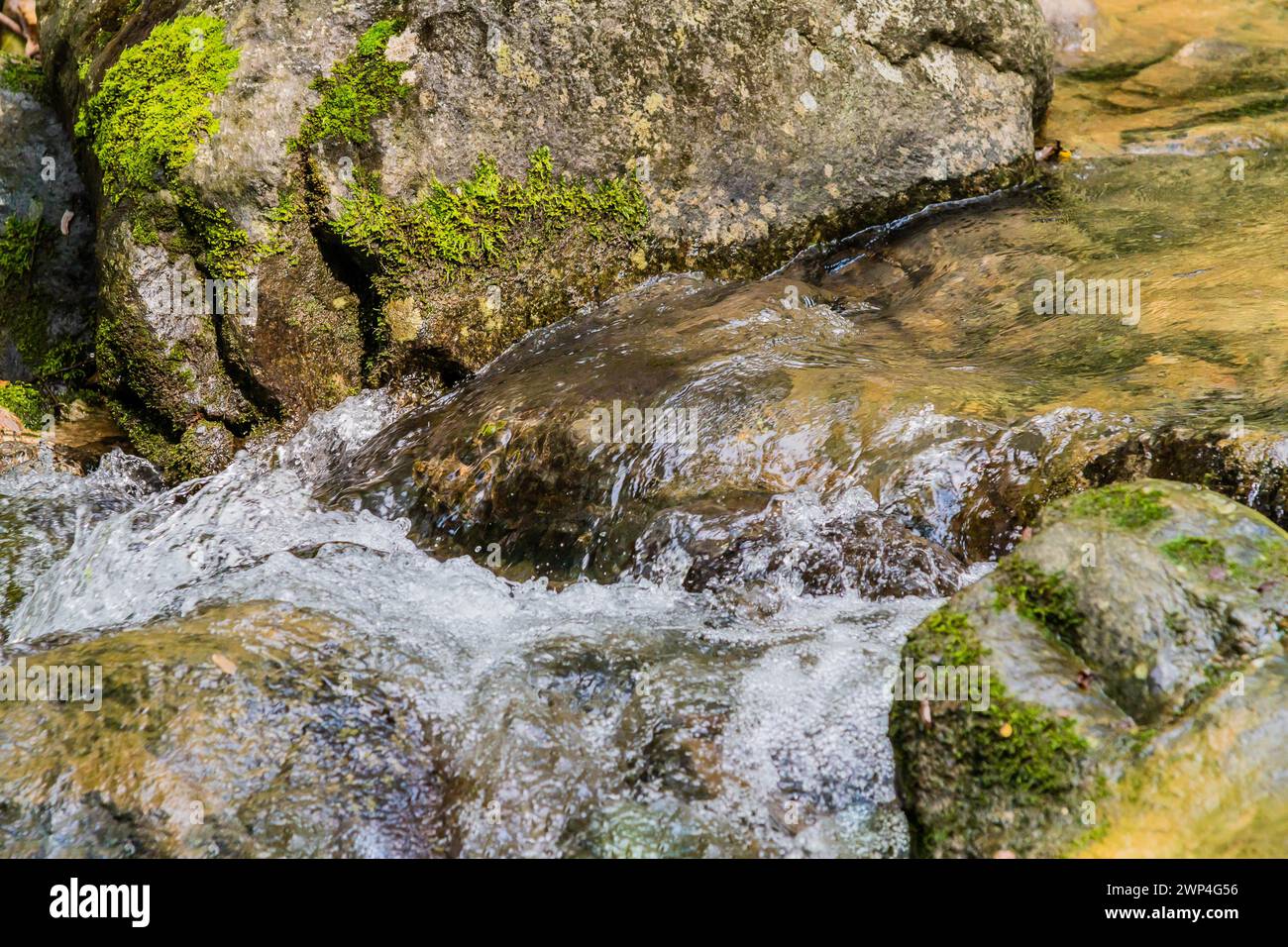 Small water fall cascading down rocks in the middle of a small mountain ...