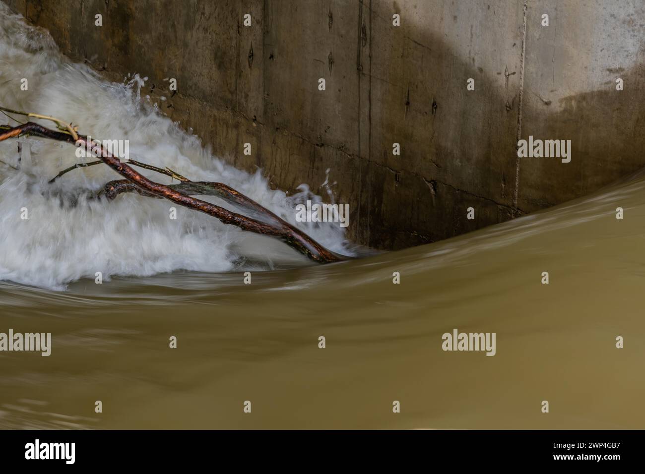 Tree branch held next to dam's support column by surging water through ...