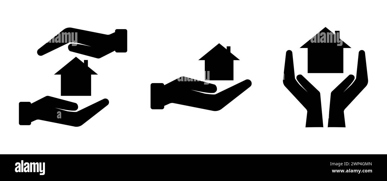 Home in hand icon. Black shape. Residential house. Isolated object ...