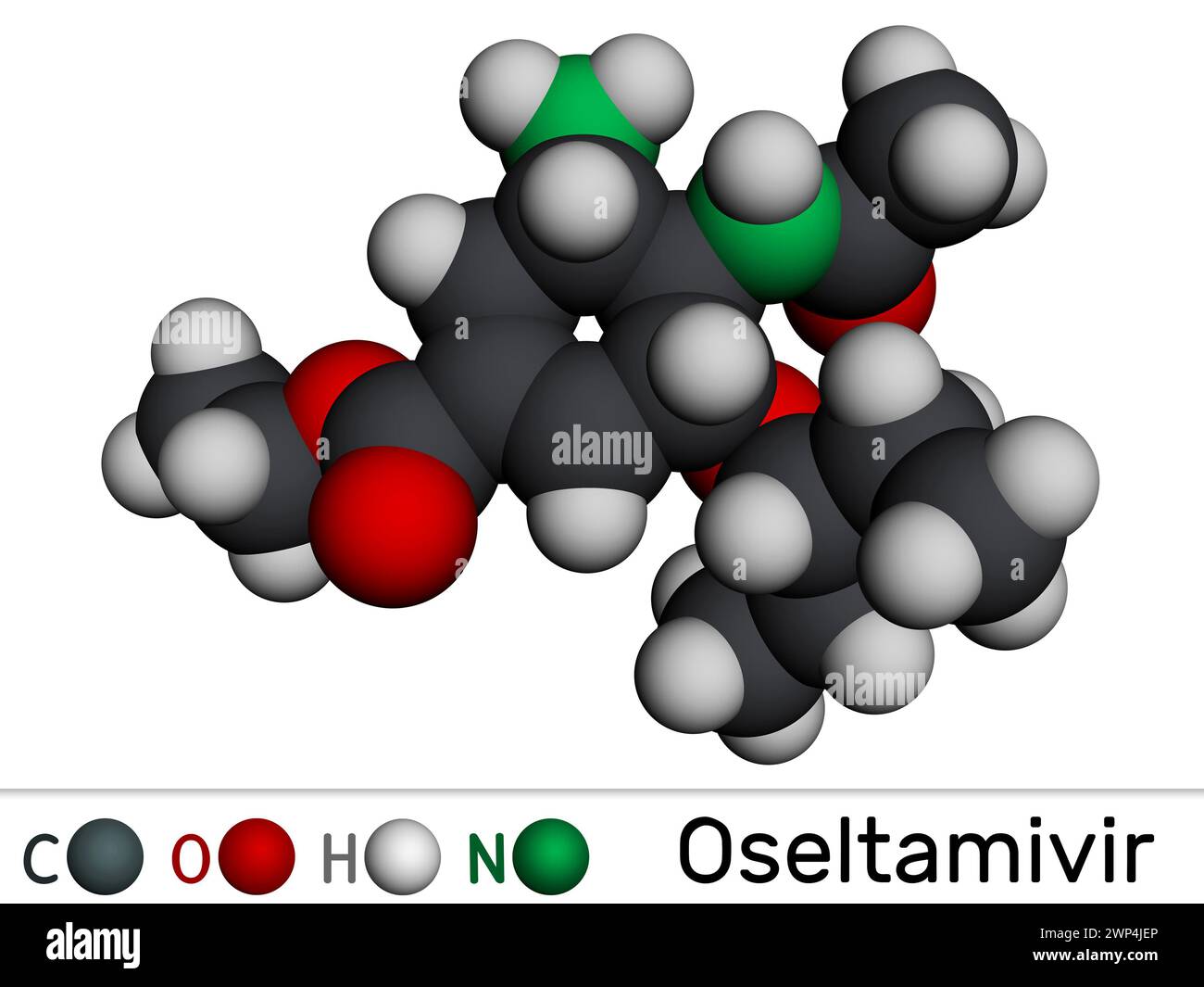 Oseltamivir antiviral drug molecule. Molecular model. 3D rendering ...
