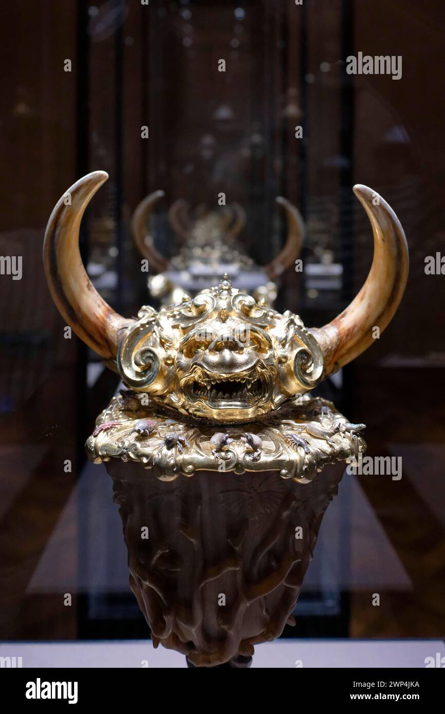 Rhinoceros horn lidded goblet with warthog tusks, Room XXV, Kunstkammer ...