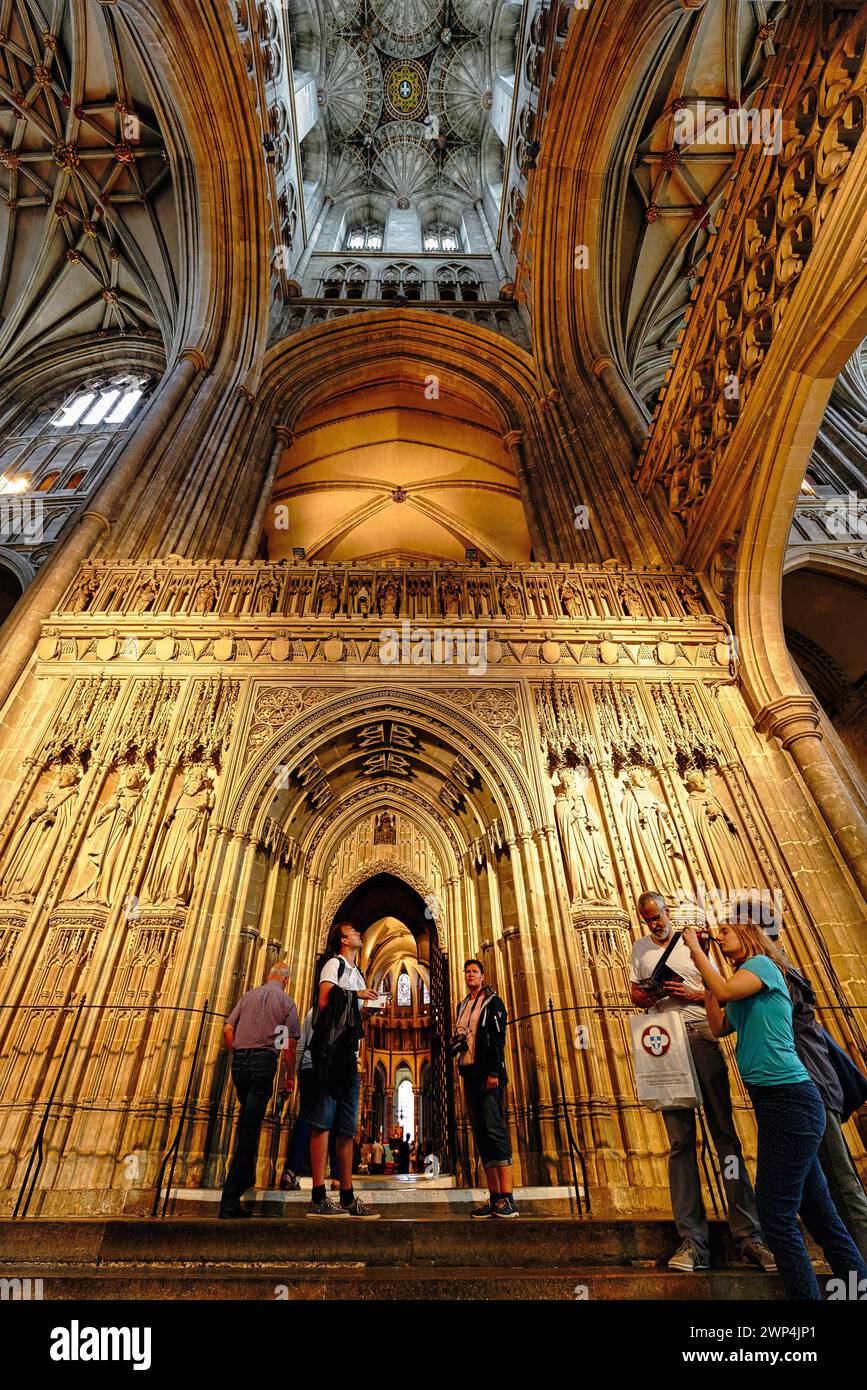View upwards into the Bell Harry church tower, Romanesque and Gothic ...