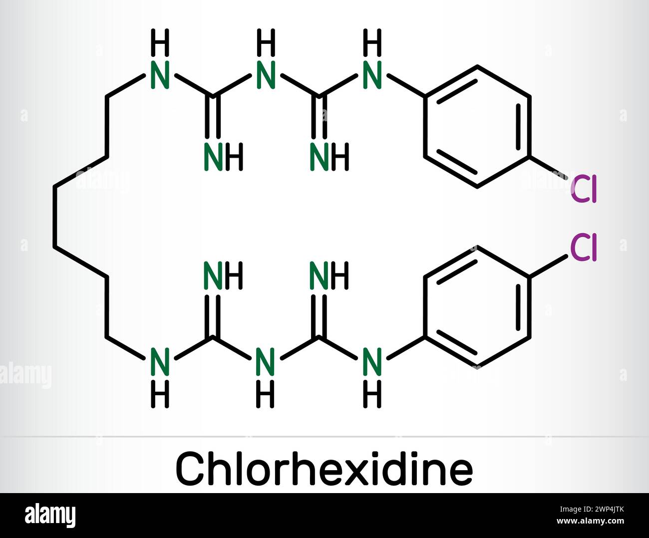 Chlorhexidine disinfectant and antiseptic drug molecule. Skeletal ...