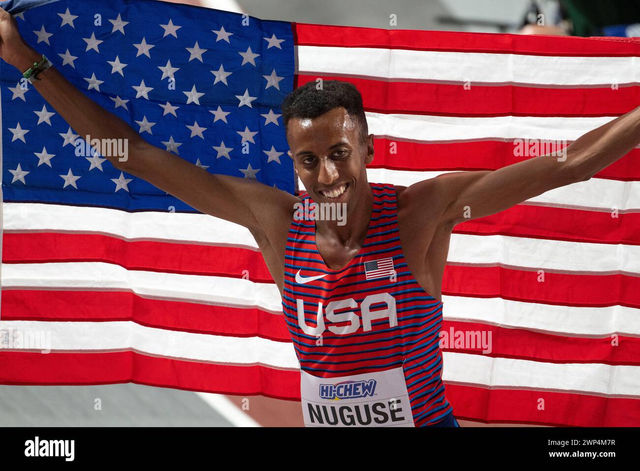 Yarad Nuguse of the USA celebrates his silver medal in the 3000m men’s ...