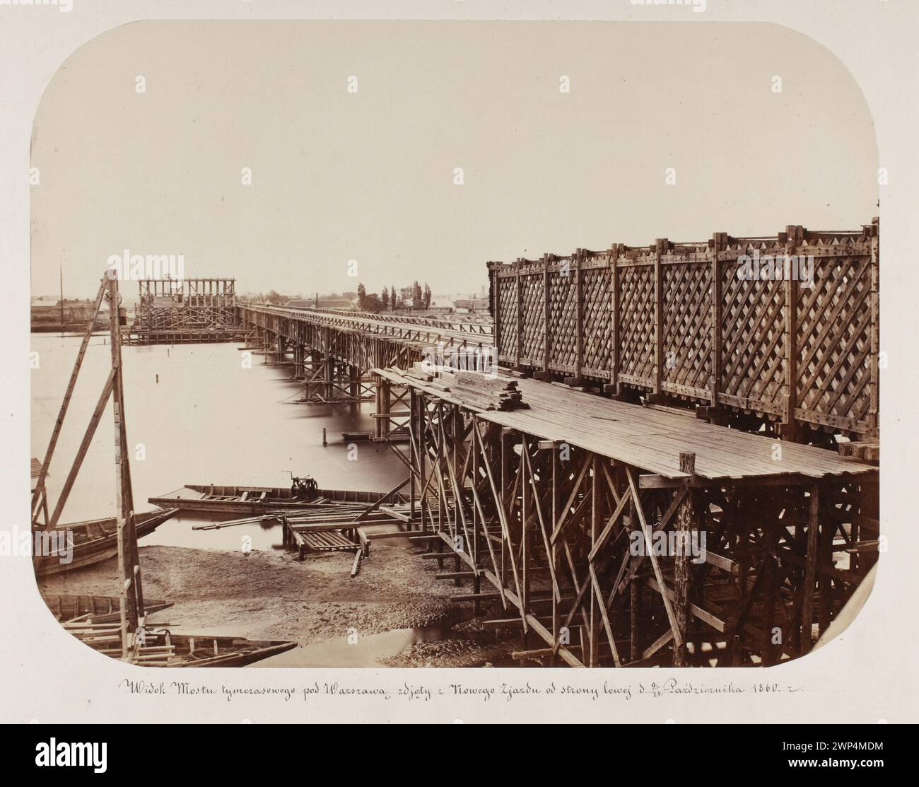 Photograph showing temporary bridge at Warsaw during Kierbezia Bridge ...