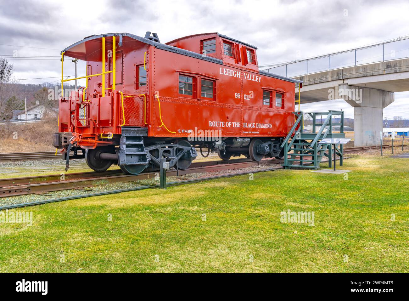 Sayre, PA, USA - 03-03-2024 - Restored red vintage caboose at the Sayre Historical Society ...