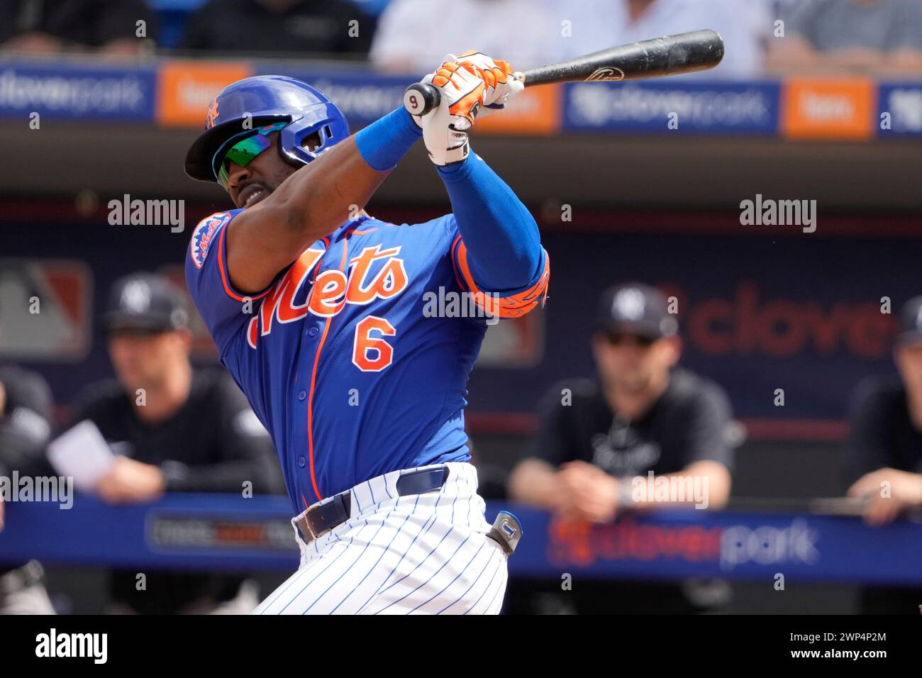 New York Mets' Starling Marte strikes out during the first inning of a ...