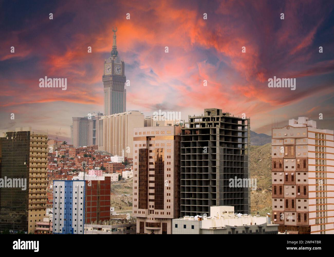 Royal Clock Tower and hotel buildings in Mecca. View of Mecca city from ...