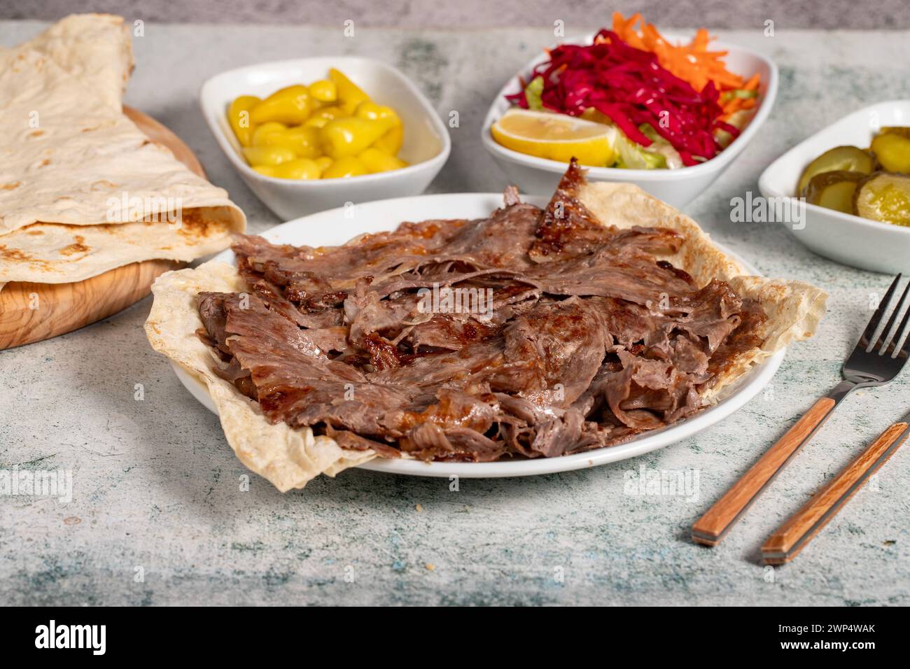Meat doner kebab. Turkish and Middle Eastern cuisine flavors. Doner ...
