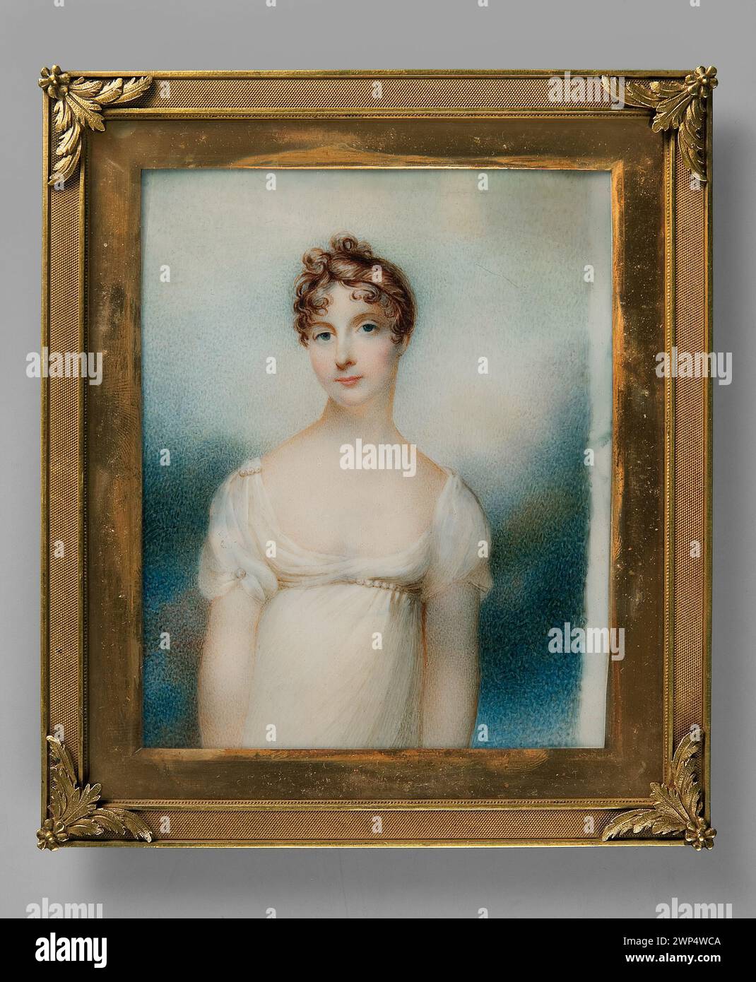 A 1900 portrait of a young woman wearing a white empire-style dress ...