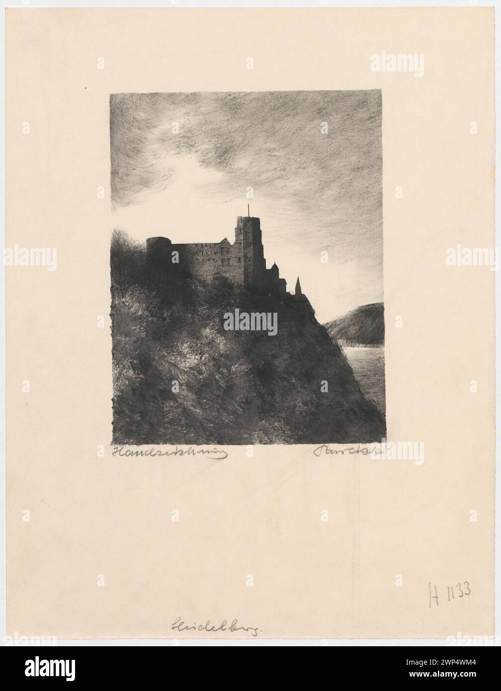 Drawing of Heidelberg Castle over the Neckar River, Germany, by ...